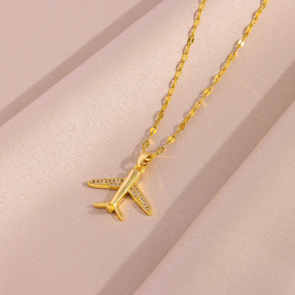 18K Gold Plated Airplane Pendant with Clavicle Chain Necklaces For ...