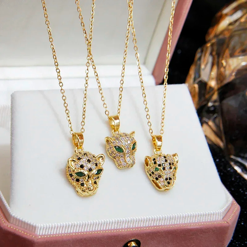 Crystal Leopard Pendant with Vintage Zircon Animal Link Chain Necklace ...